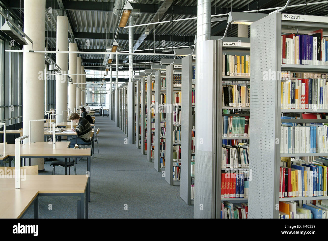 Library, bookshelves, tables, students, young, read, Germany ...