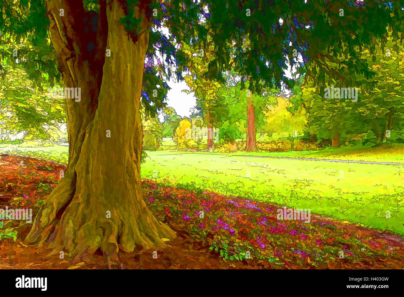 Pink flowers under a tree in a beautiful English park bright colours ...