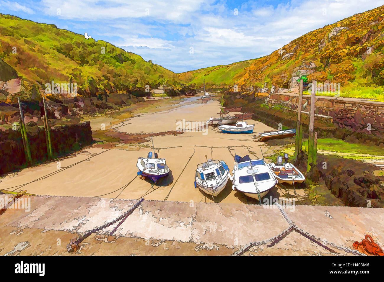 Porthclais Pembrokeshire West Wales UK boats in harbour illustration ...