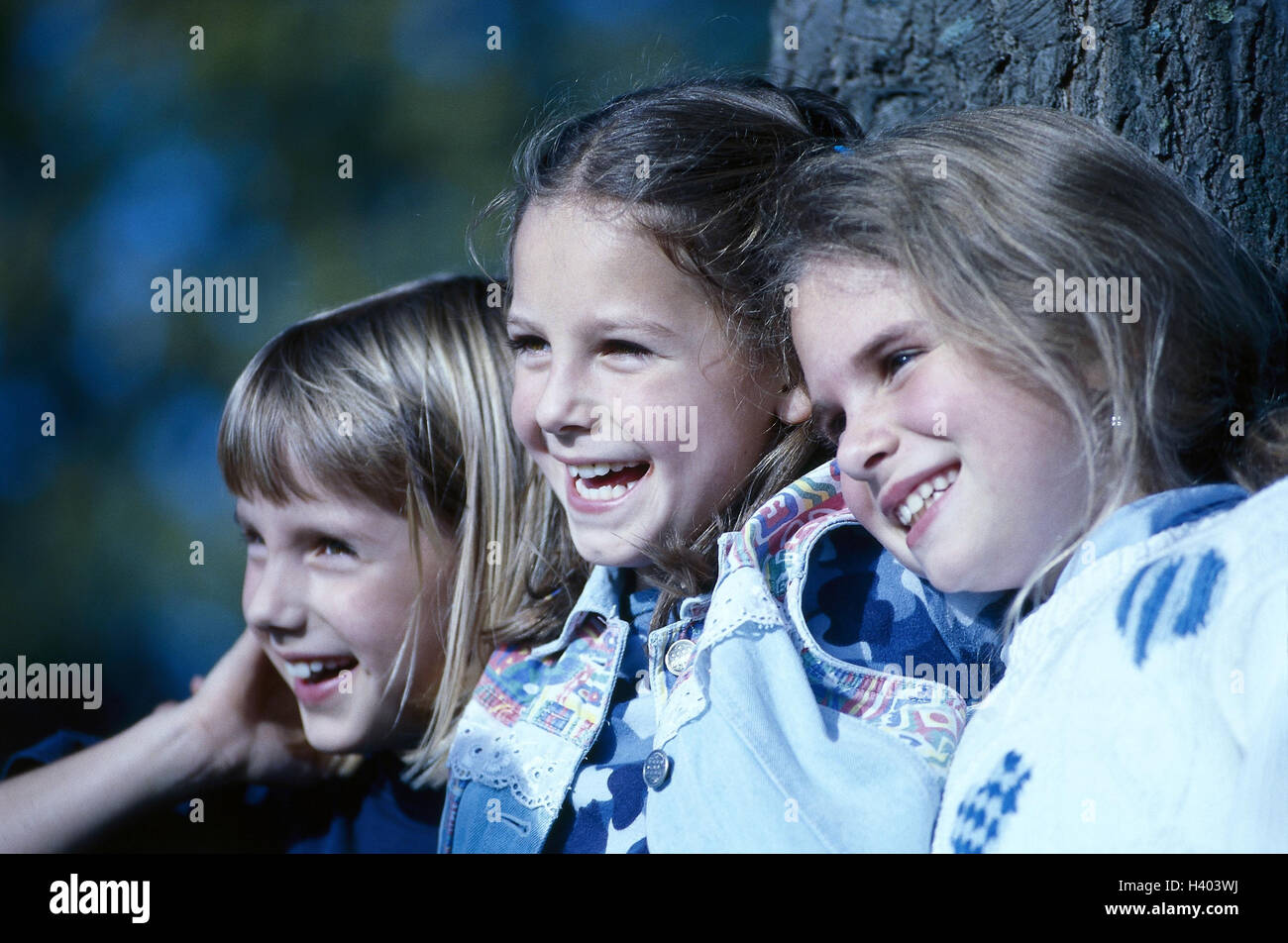 Tree, girl, three, lean, happy, portrait, outside, friends, children ...
