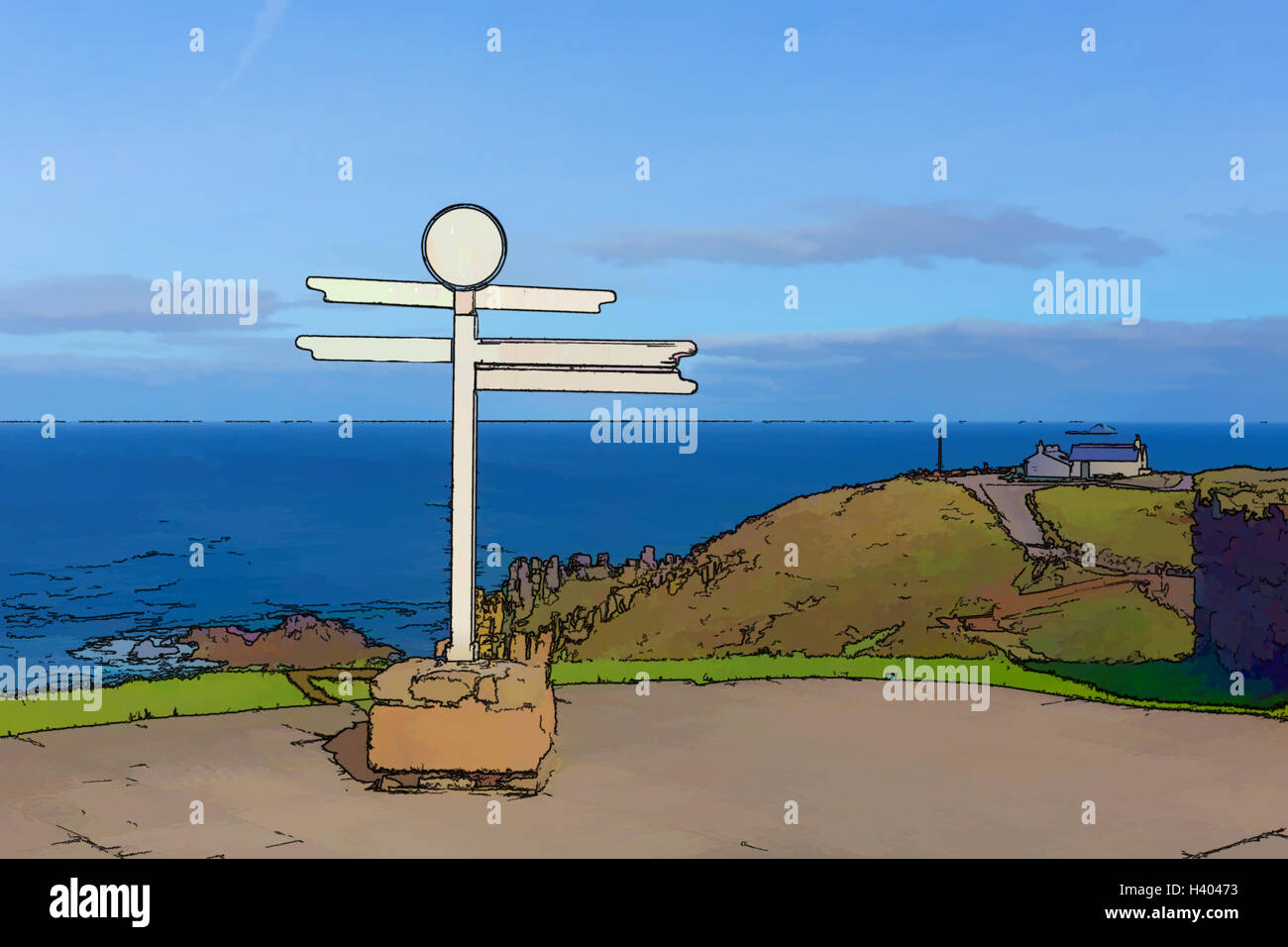Lands End Cornwall UK famous signpost on the Cornish coast illustration ...