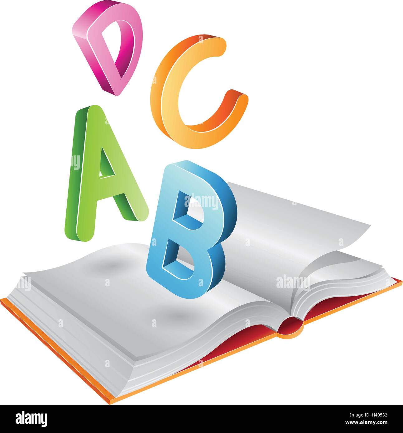 Vector Illustration of Open Book and Flying Letters isolated on a White ...