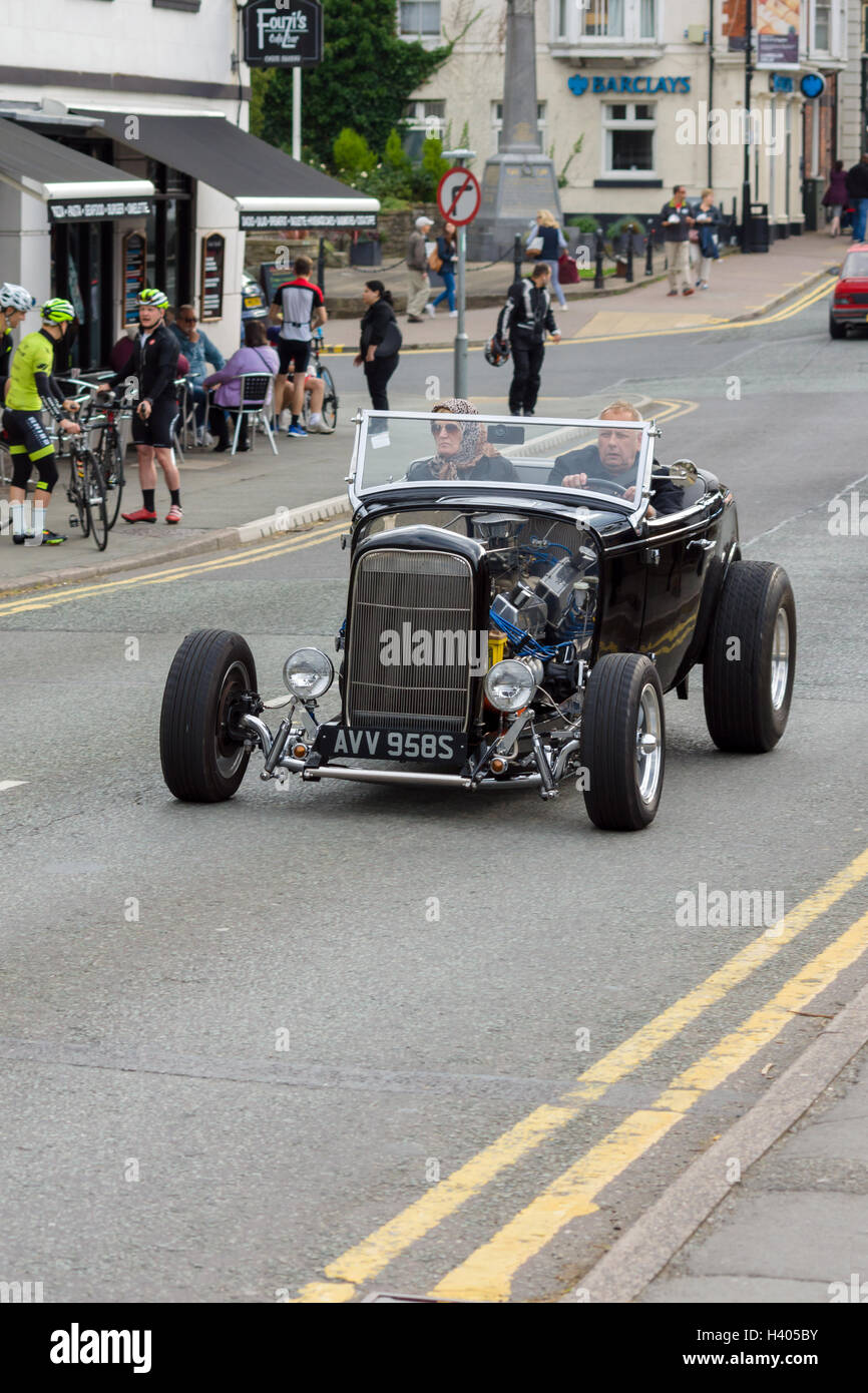 Hot Rod custom car driving through Castle Street Llangollen in North ...