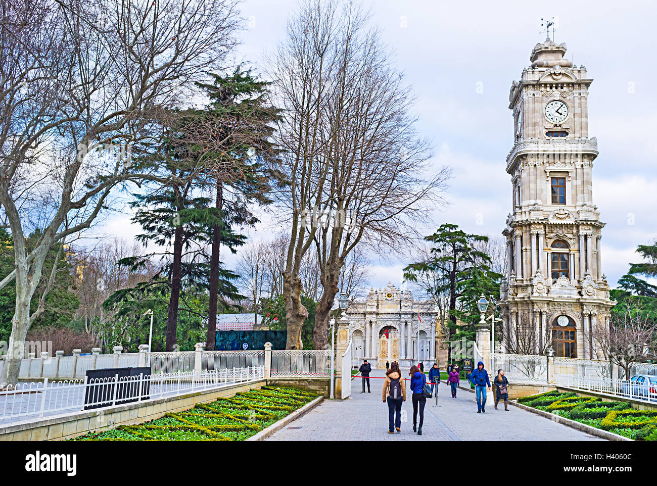 The clock tower of Dolmabahce Palace located in front of the Treasury ...