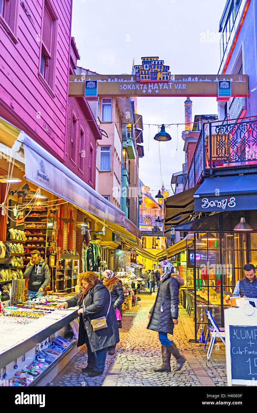 The bright market street in Besiktas neighborhood next to the Ortakoy ...