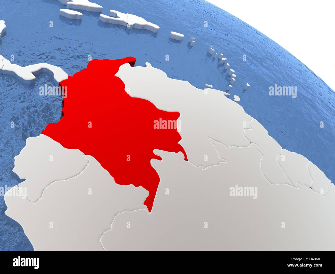 Map of Colombia on globe with metallic land and realistic water. 3D ...