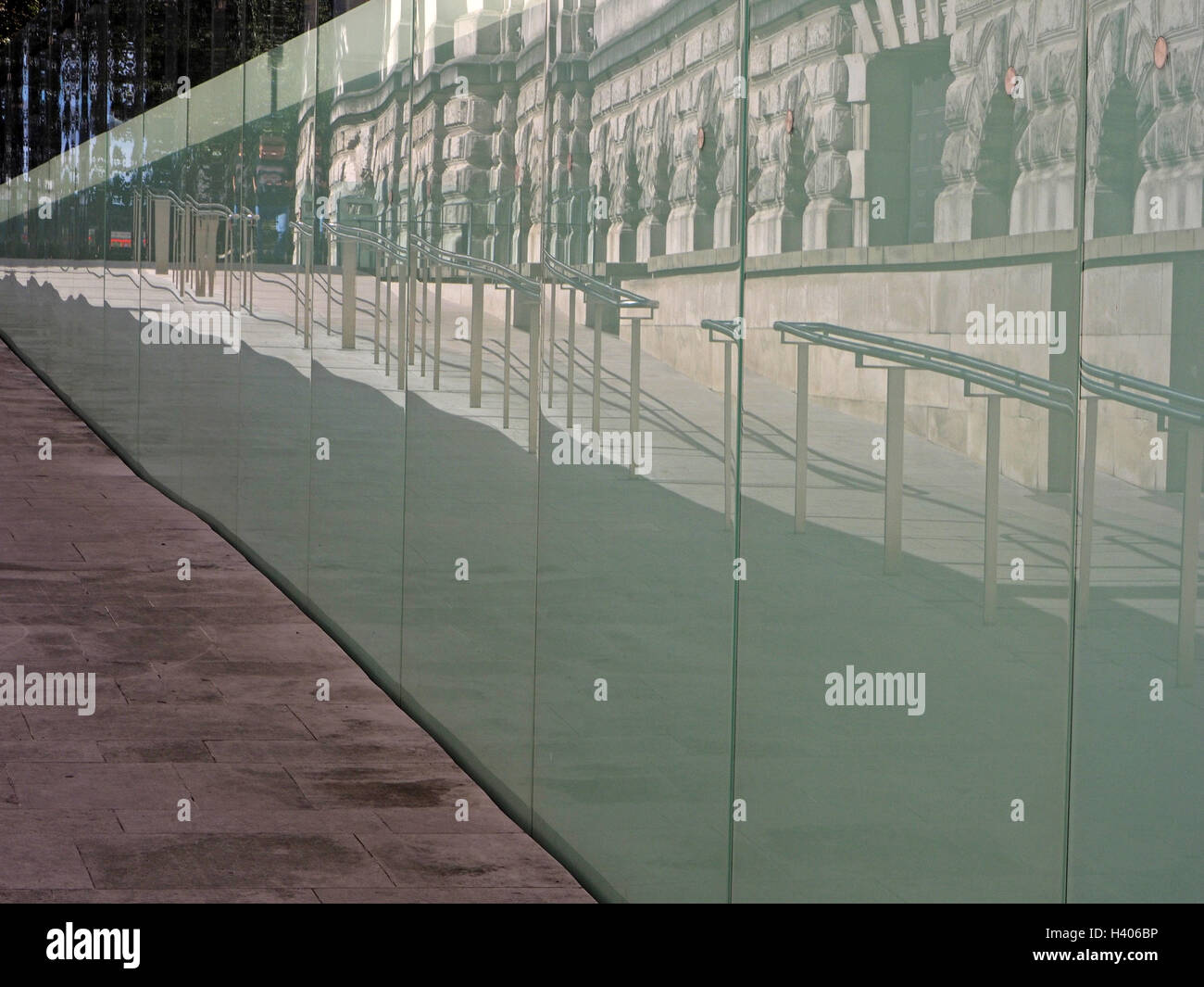 perspex screen outside Tate Britain reflecting ramp stairs facade and ...
