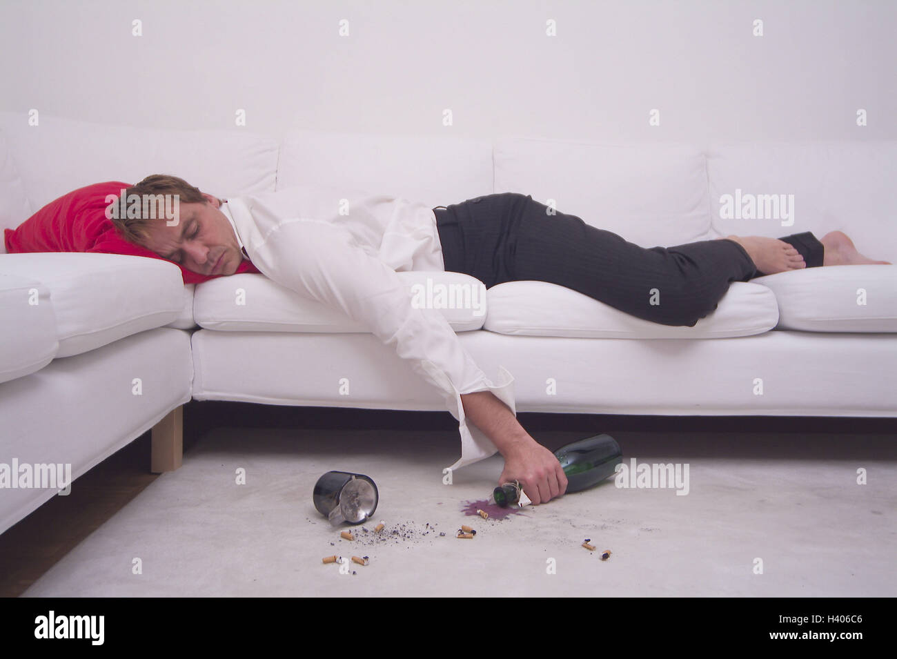Couch Man Drunk Sleep Wine Bottle Ashtray Upset Sitting Room Sofa Smoker Alcoholic