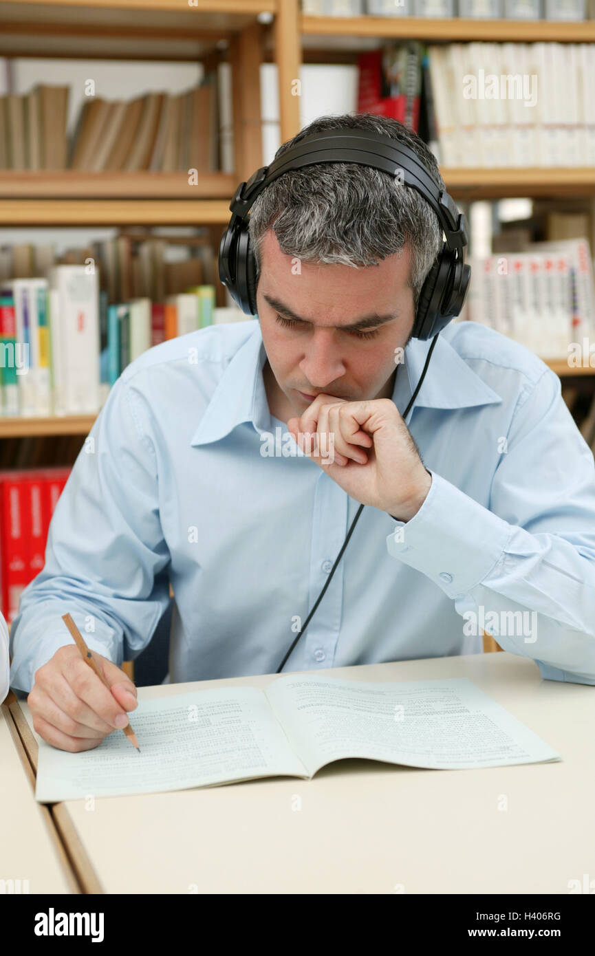 Study, man, earphone, audit, in writing, concentration, bases, adult ...