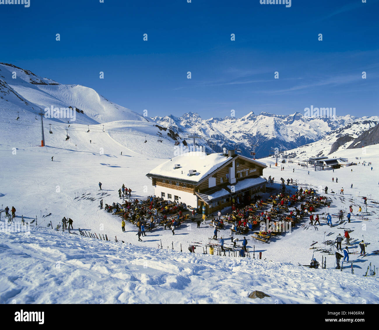 Austria, Tyrol, Paznaun, Ischgl, skiing area, restaurant, "black wall ...