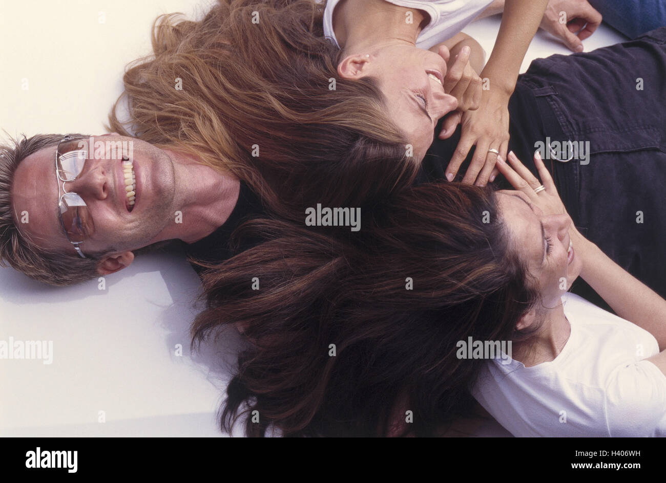 Women, two, man, young, sunglasses, swarm, nestle up, happy, clique ...