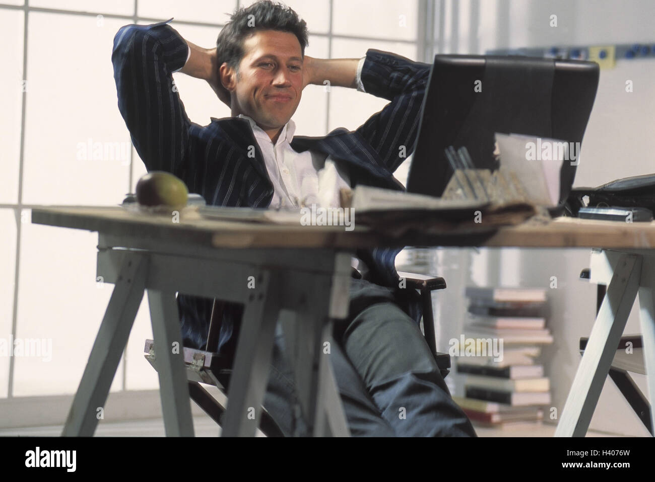 Office, businessman, leant back desk, workplace, man, manager, happy ...