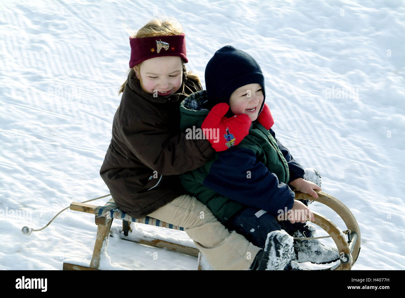 Children, small, sleigh-riding, together, 3 - 8 years, siblings, winter ...