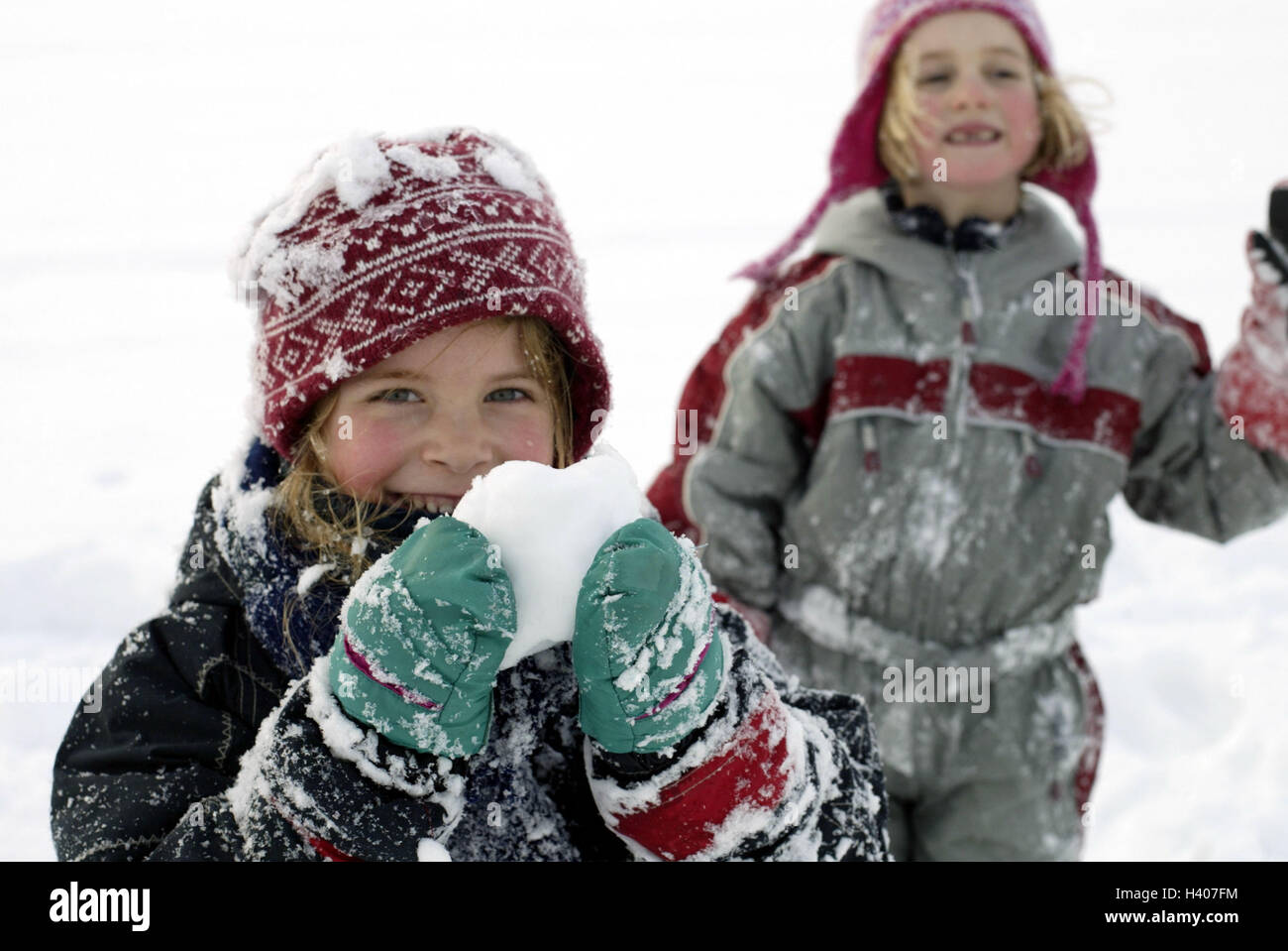 Girls, snowball battle, happy, season, winter, winter fun, children ...
