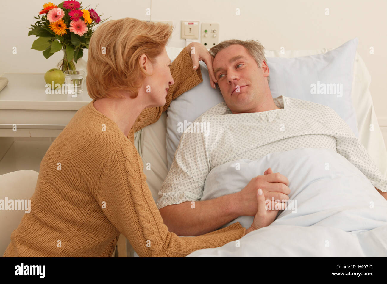 Sickbed, patient, smile, hold woman, eye contact, portrait, medicine ...
