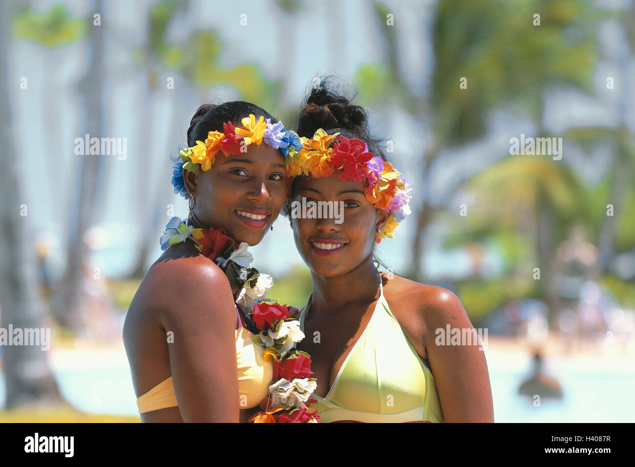 The Dominican Republic, Punta Cana, palm beach, women, two, swimwear ...