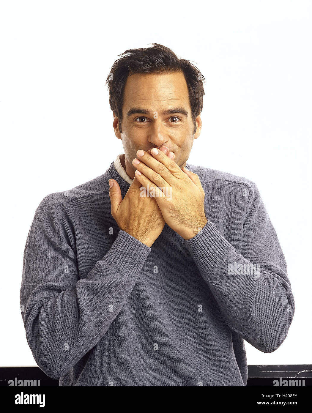 Man, hairs, darkly, pullover, grey, gesture, "nothing say", portrait ...