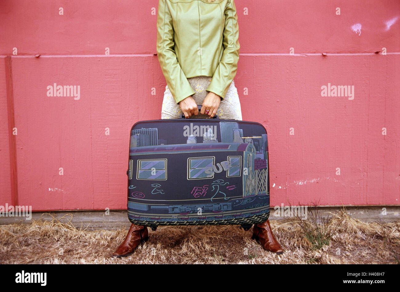 Wall, woman, lean, stand, suitcases, hold, detail, outside wall ...