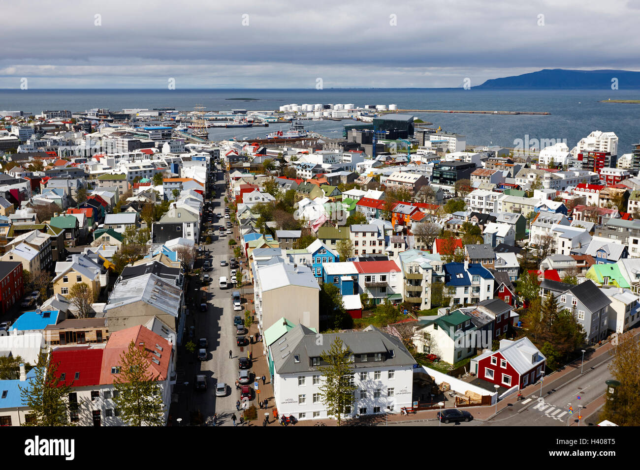 aerial view over the old town and city of reykjavik Iceland looking ...