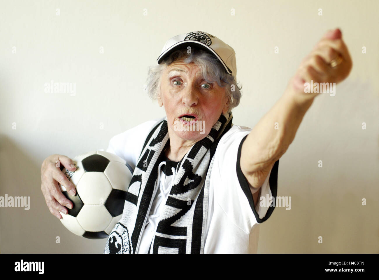 Senior, football fan, ball, gesture, cheer on, portrait, sport ...