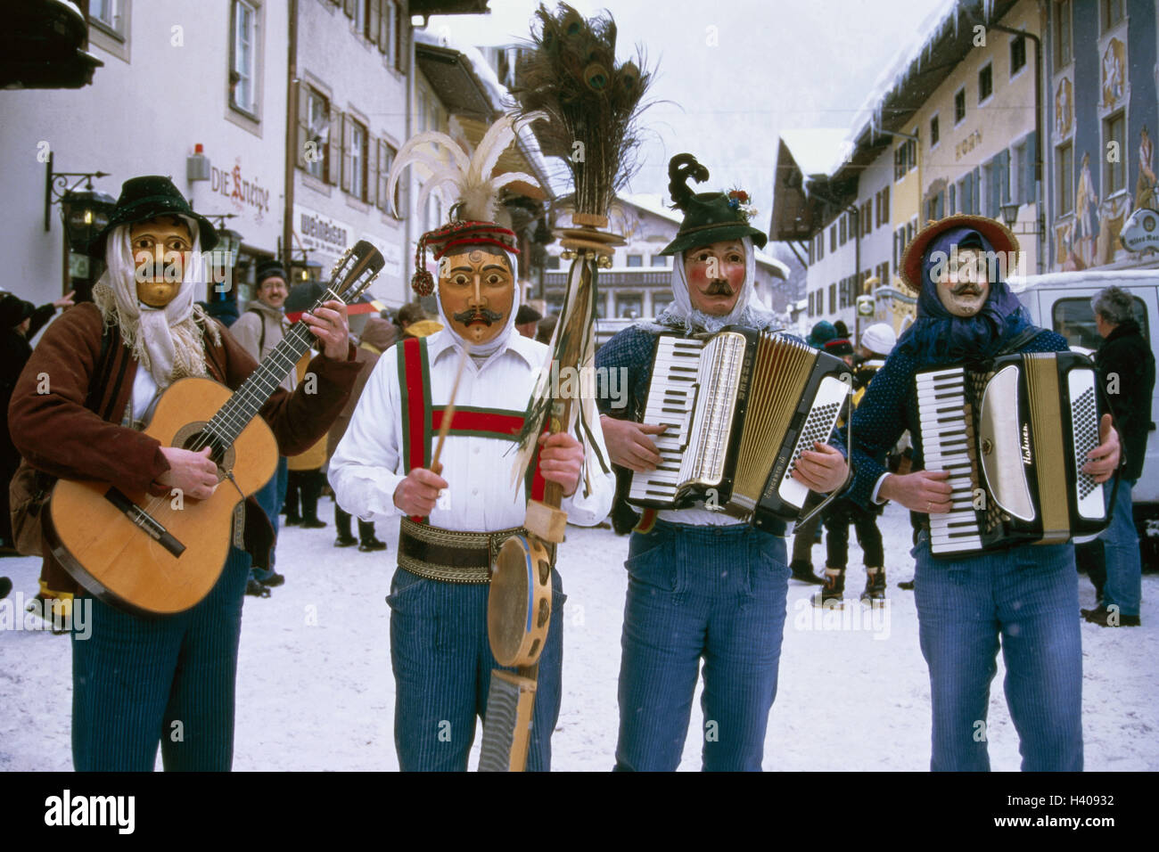 Germany, Upper Bavaria, carnival, masked, musicians, wooden masks ...