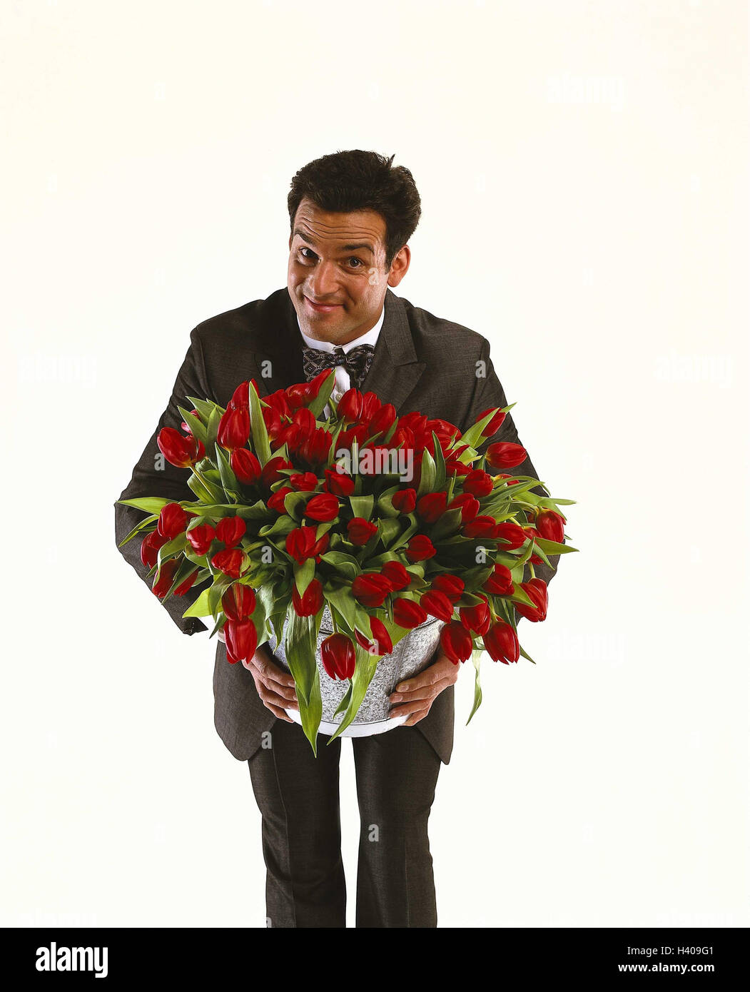 Man, suit, bucket, tulips, red, gesture, Men, businessman, expectantly ...