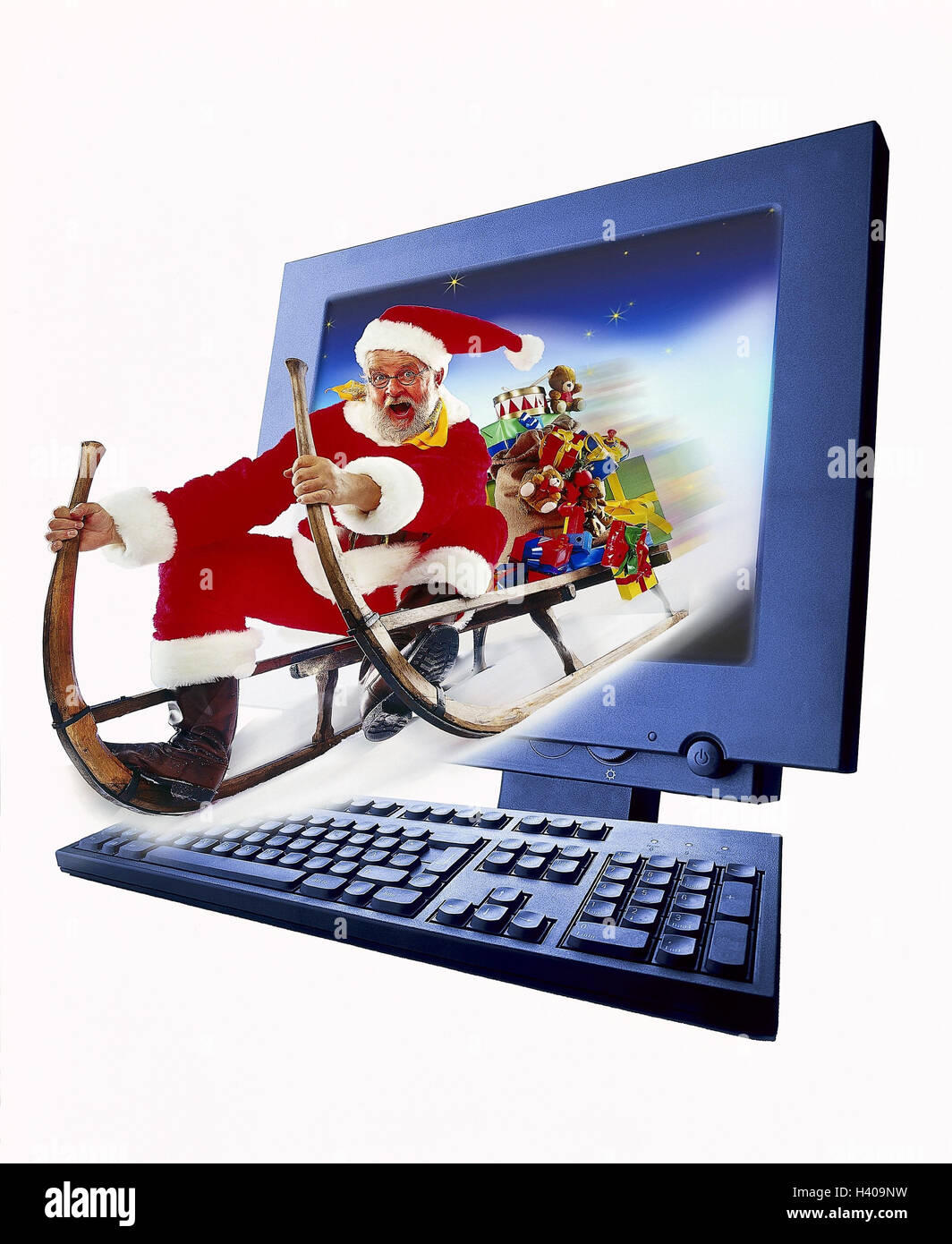 Composing, computer, display, Santa Claus, horn slide, go, presents x ...