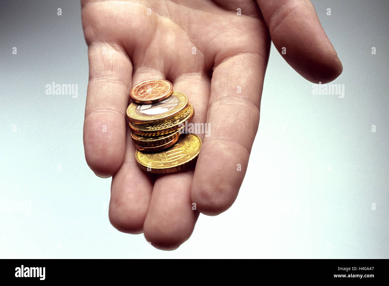 Man's hand, money, coins, man, hand, palm, hand inner surface, euro ...