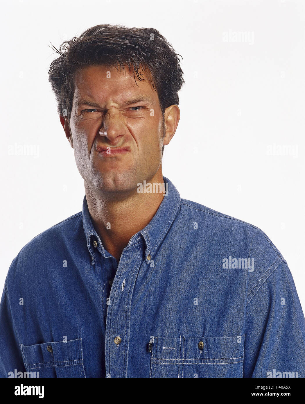 Man, facial play, annoys, "nose to bodies", portrait, Men, studio, cut ...