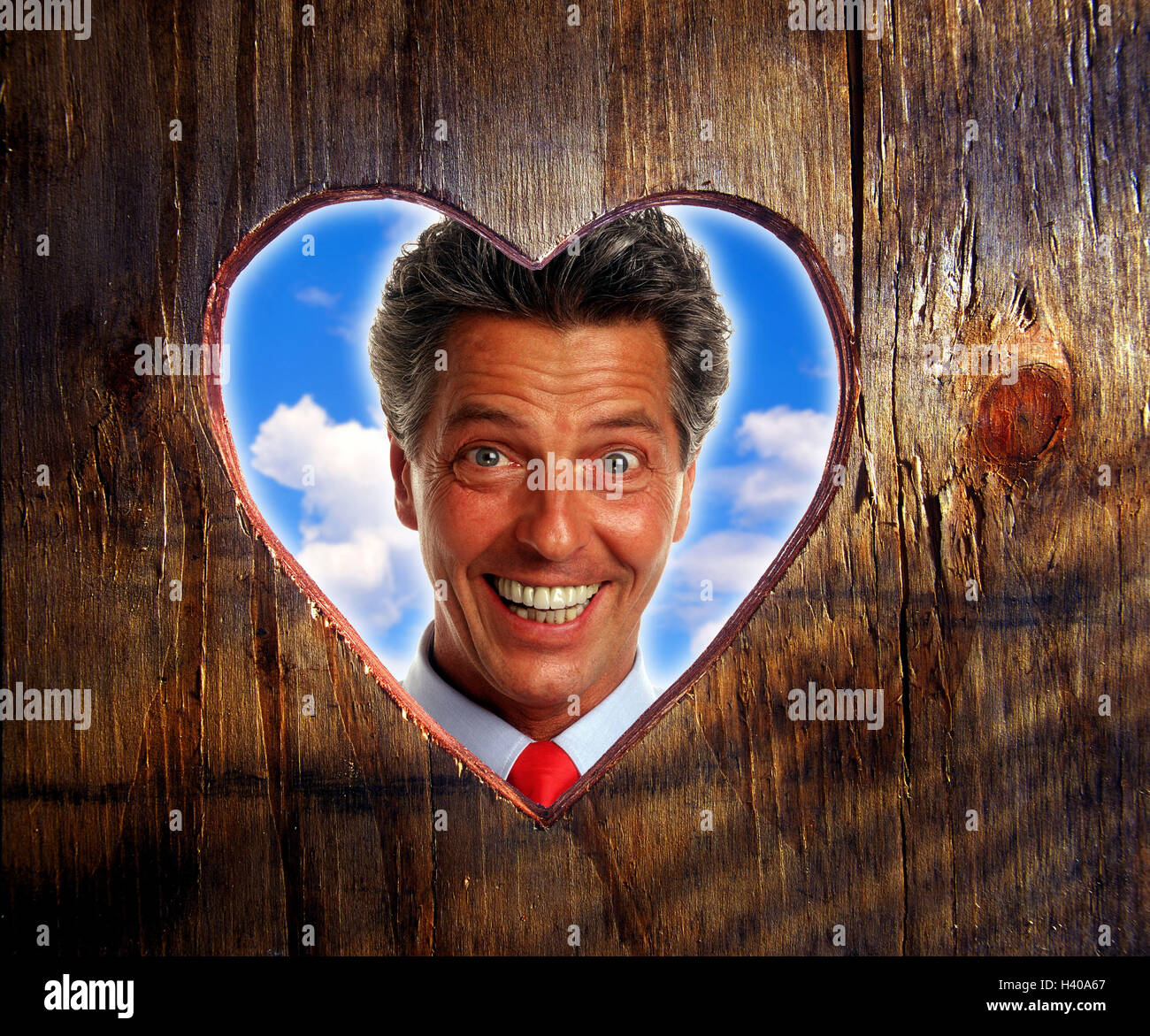 wooden wall, notch, heart-shaped, man, view, smile, see portrait ...