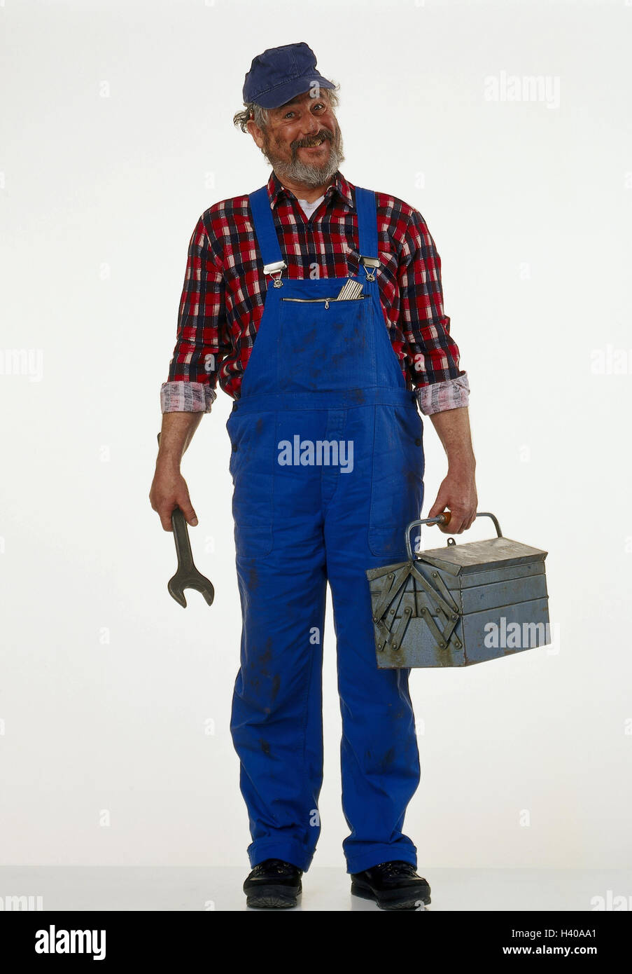 Plumber, happily, toolbox, spanner, professions, studio, copy space ...