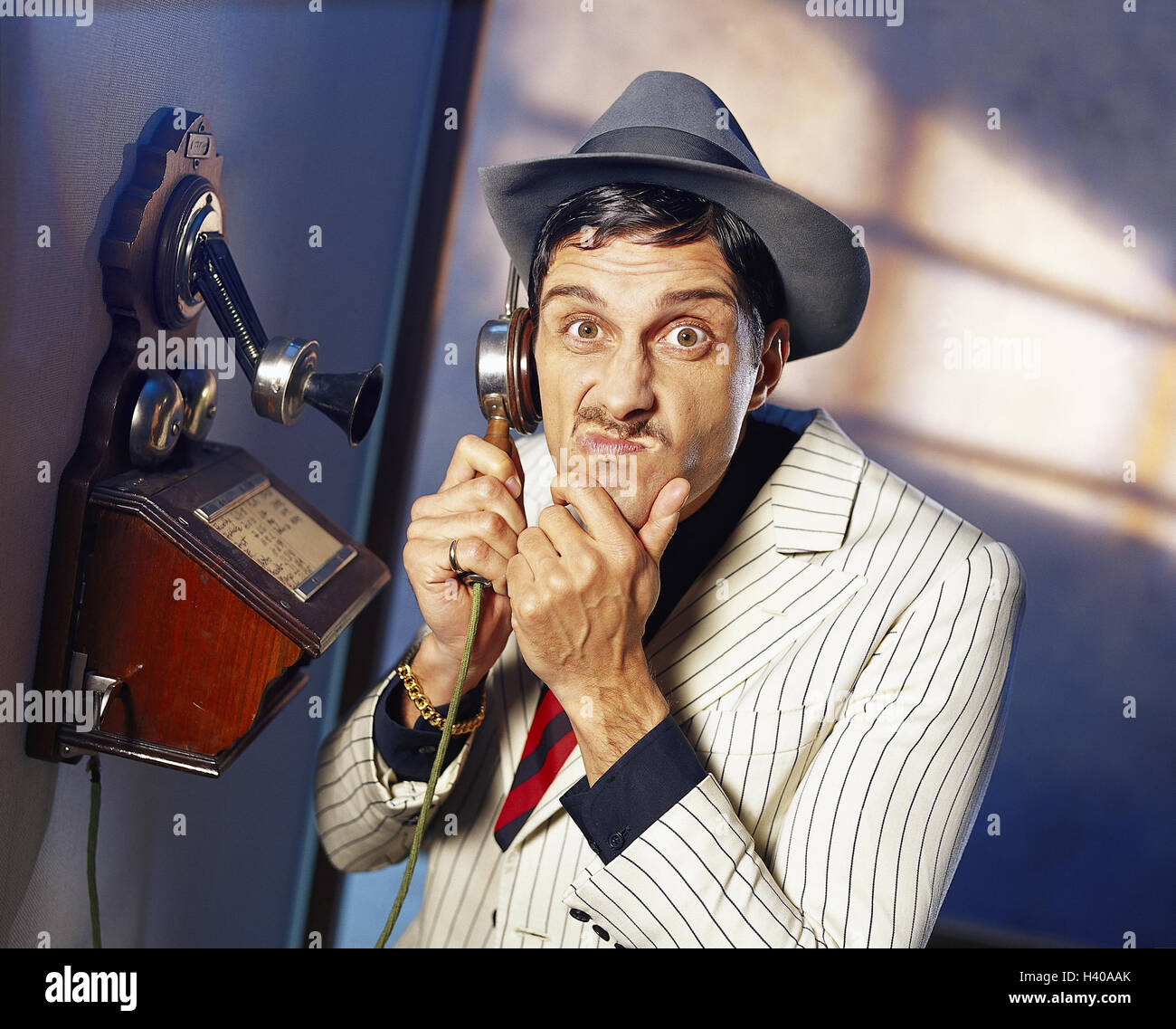 Nostalgia, man, suit, care, call up, gesture, helplessly, thoughtful ...