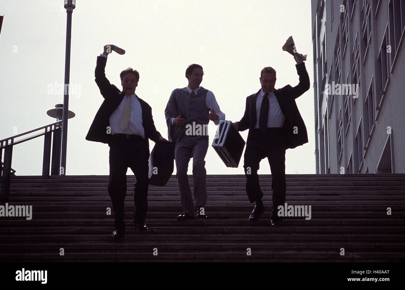Manager, three, happy, stairs, down, run, outside, business people, men ...