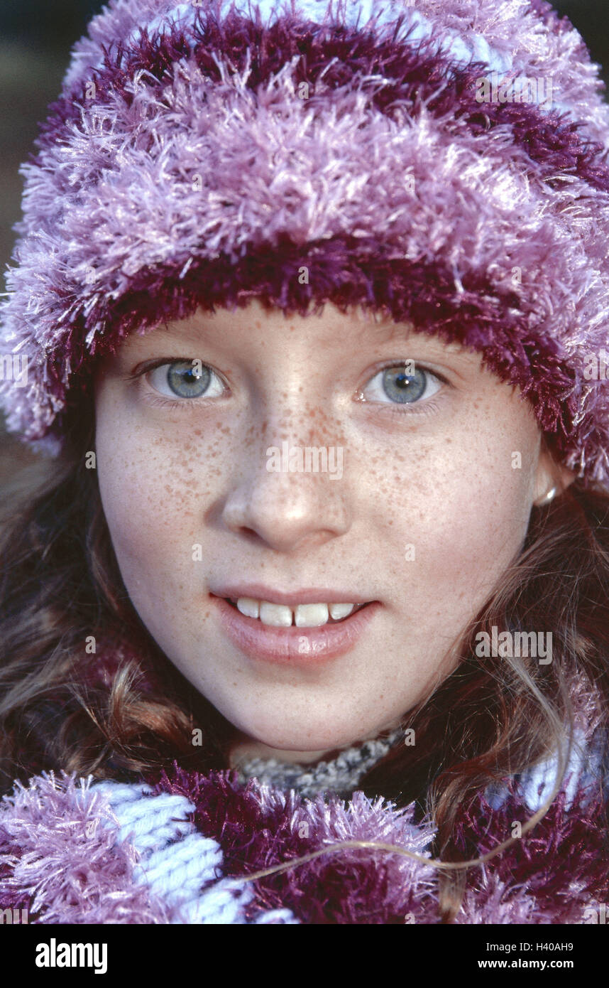 Girls, smile, cap, scarf, portrait, child portrait, 6 - 9 years, blue ...