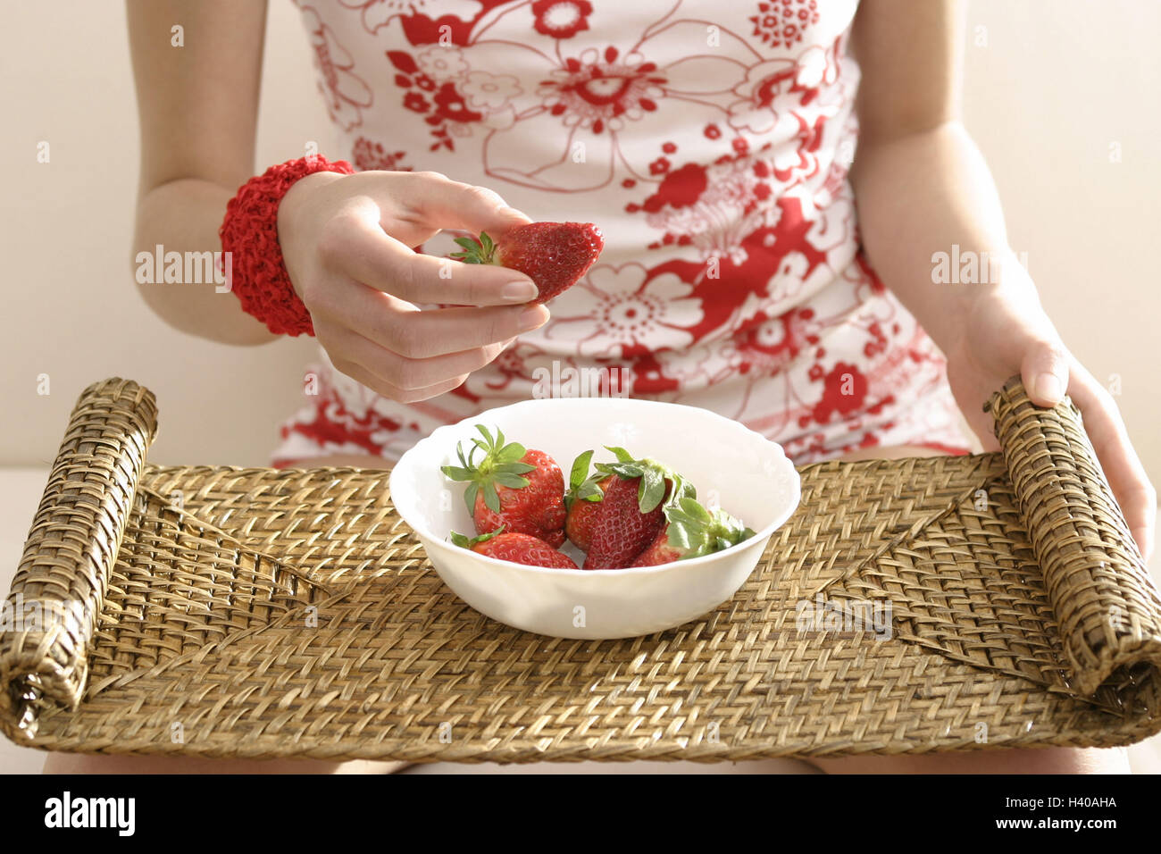 Woman, detail, tablet, peel, strawberries, eat young, slender, sit ...