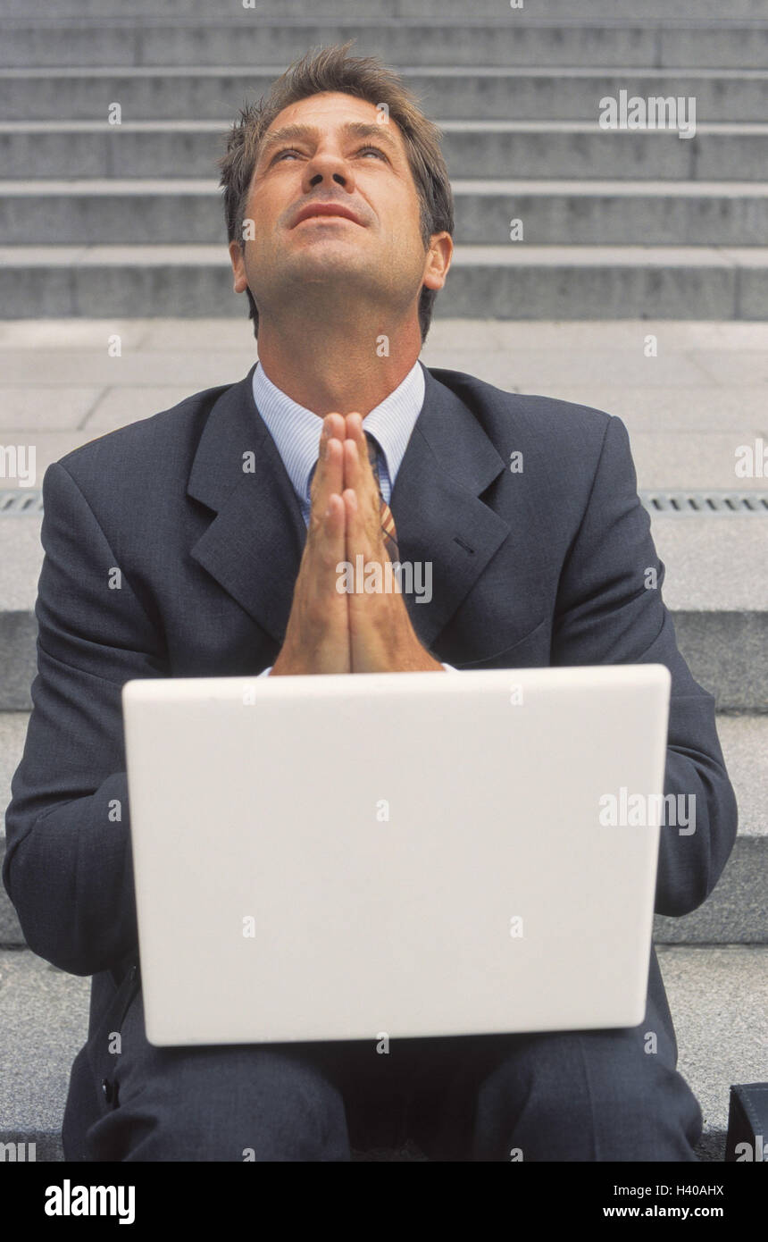Stairs, businessman, to high-level views, gesture, pray, laptop, half ...