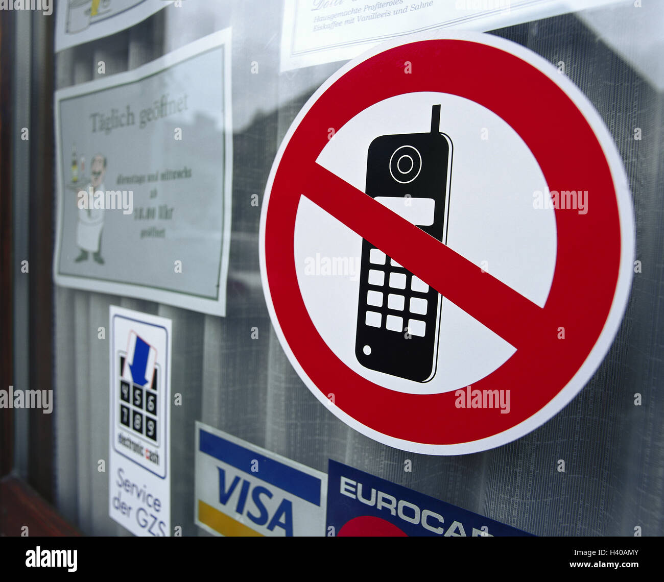 Restaurant, detail, front door, mobile phone no parking sign ...