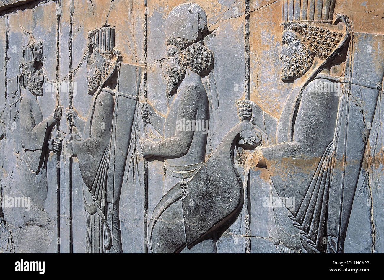 Iran, Persepolis, temple ruins, wall relief, close Shiraz, Shiras ...