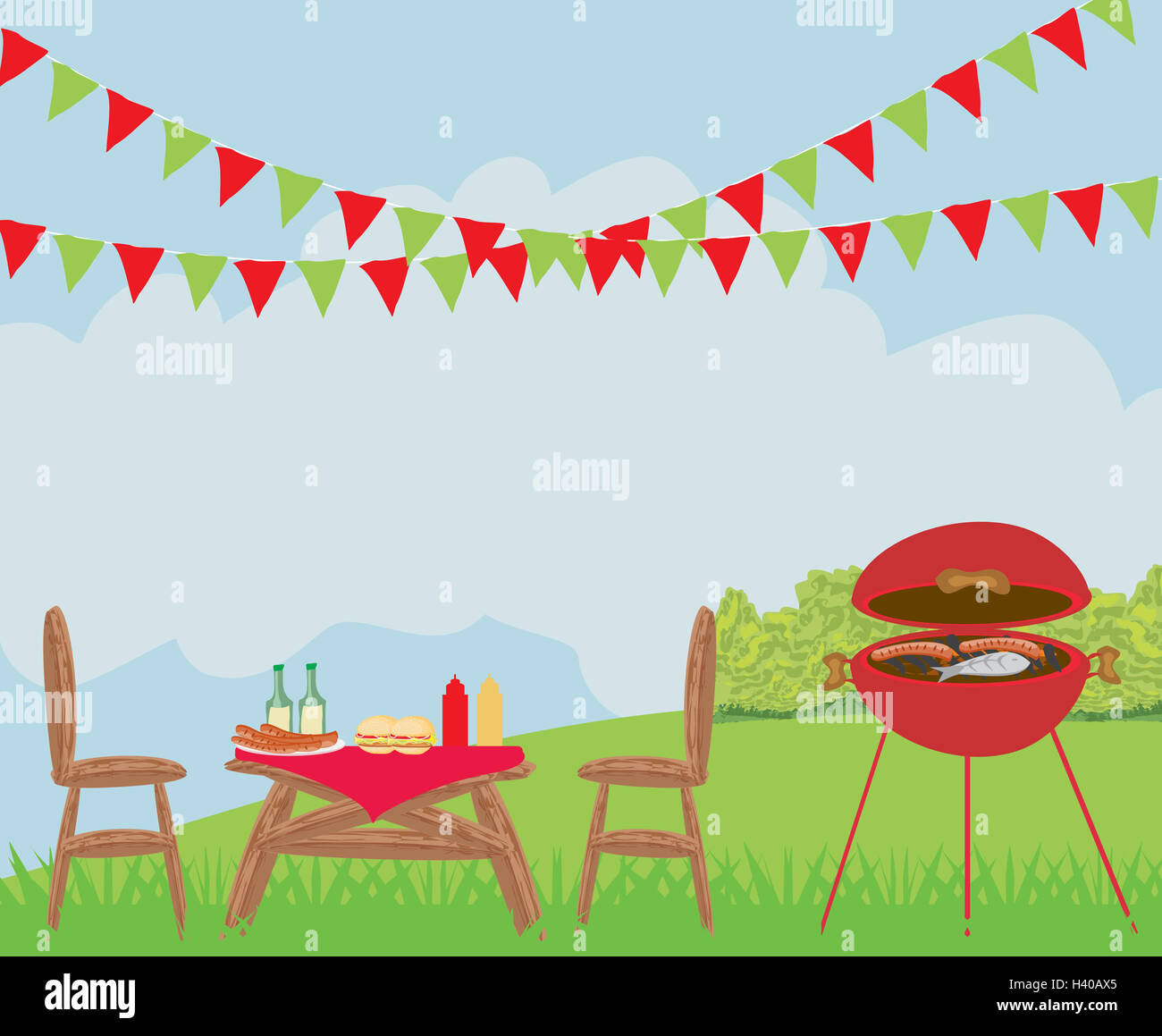 Illustration of backyard barbecue scene Stock Photo - Alamy