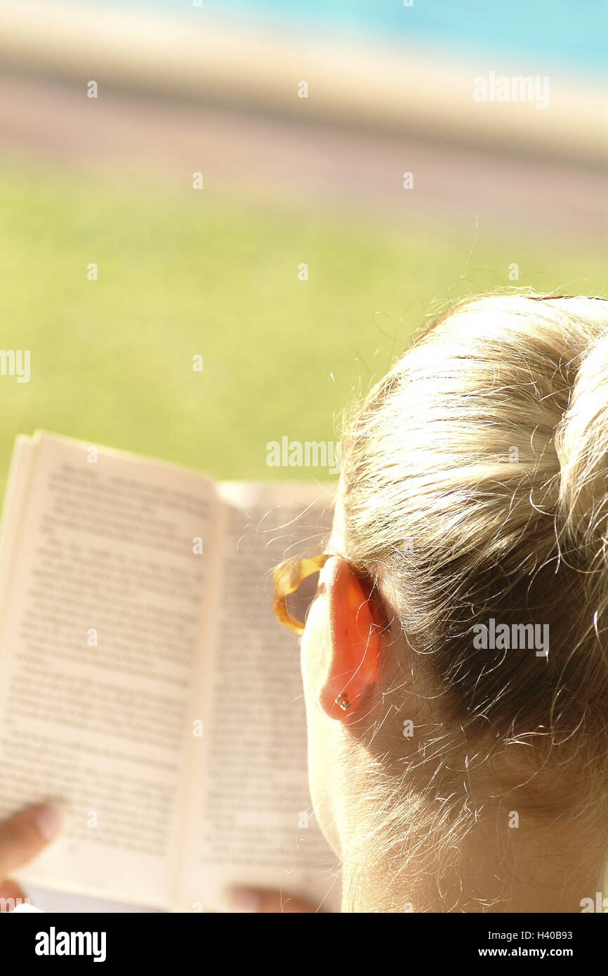 Terrace, woman, young, book, read, hairs, pinned up, back view, garden ...