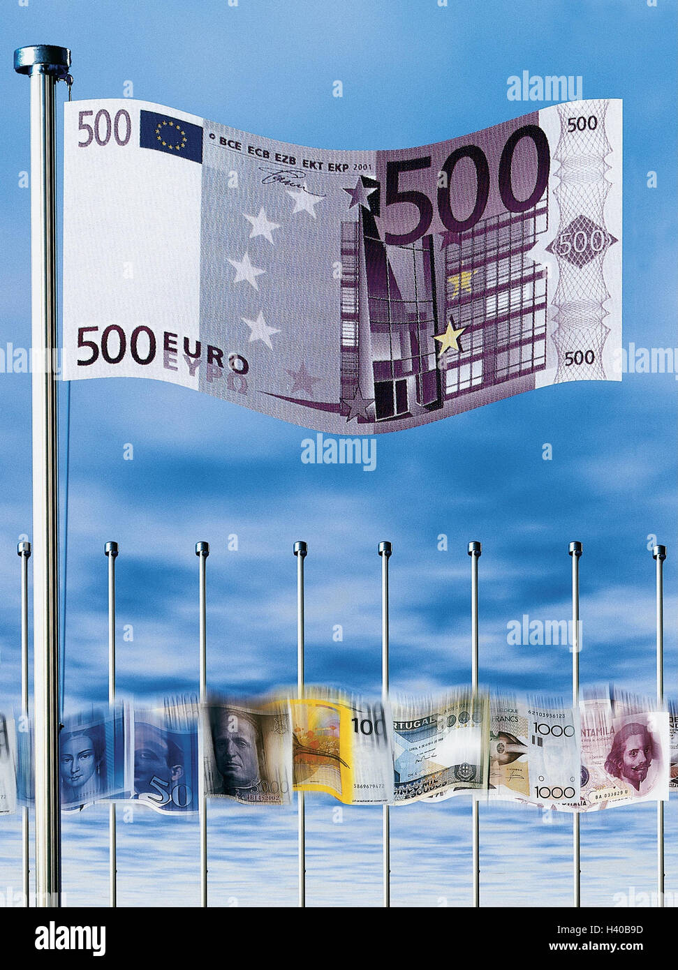 Flags, bank notes, currency, euro, EWWU, WWU, the EU, the European ...