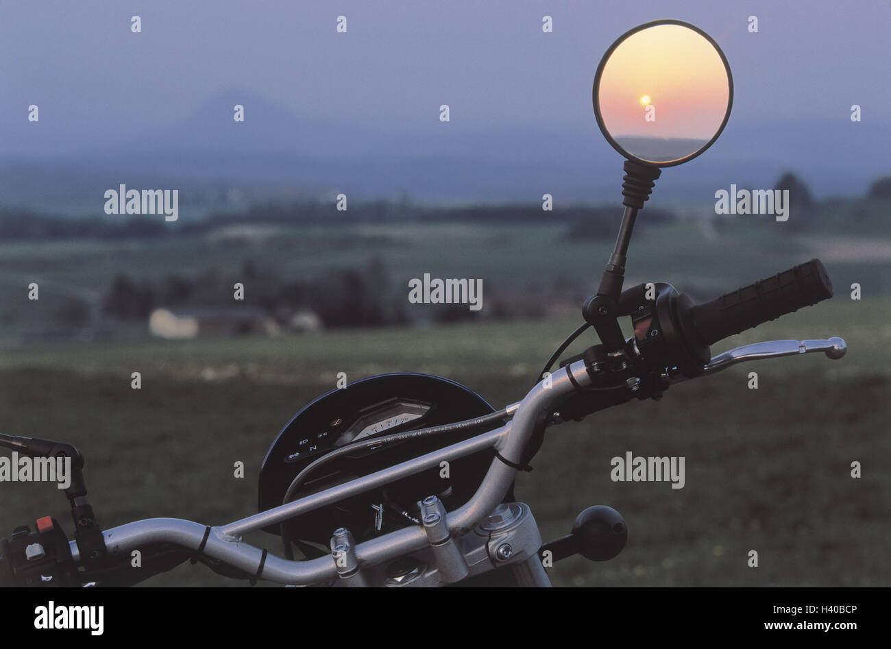 Motorcycle, detail, ruler, rear-view mirror, sundown, dusk Germany ...