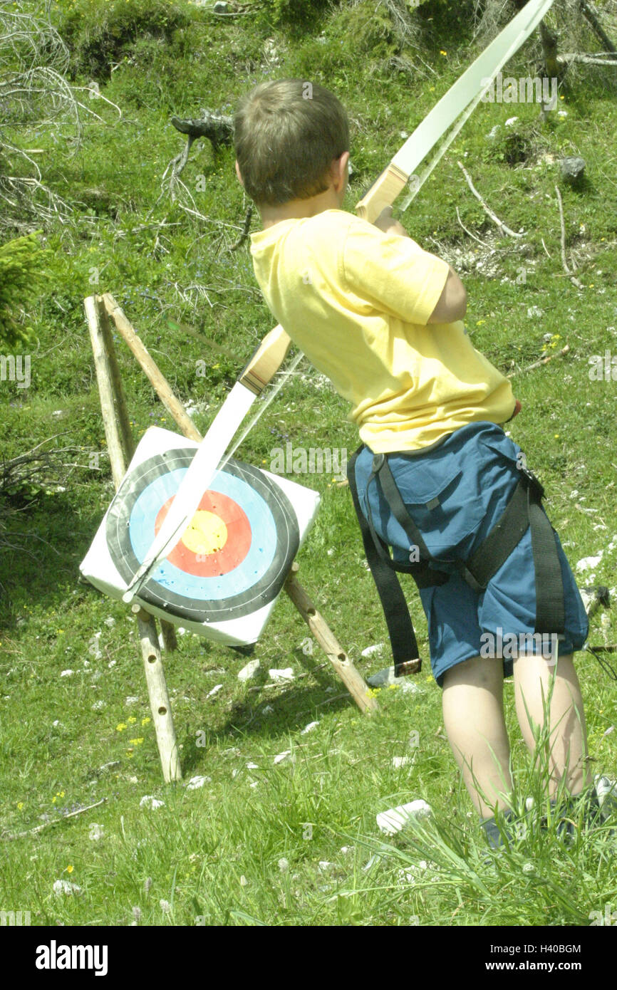 Meadow, boy, archery, back view child, 5 years, childhood, outside, fun ...