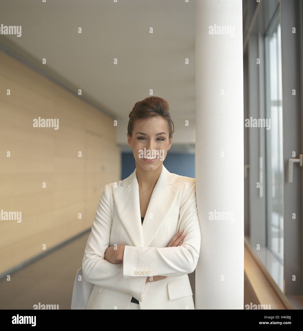 Halls, businesswoman, arms crossed, smile, half portrait, hall, woman ...