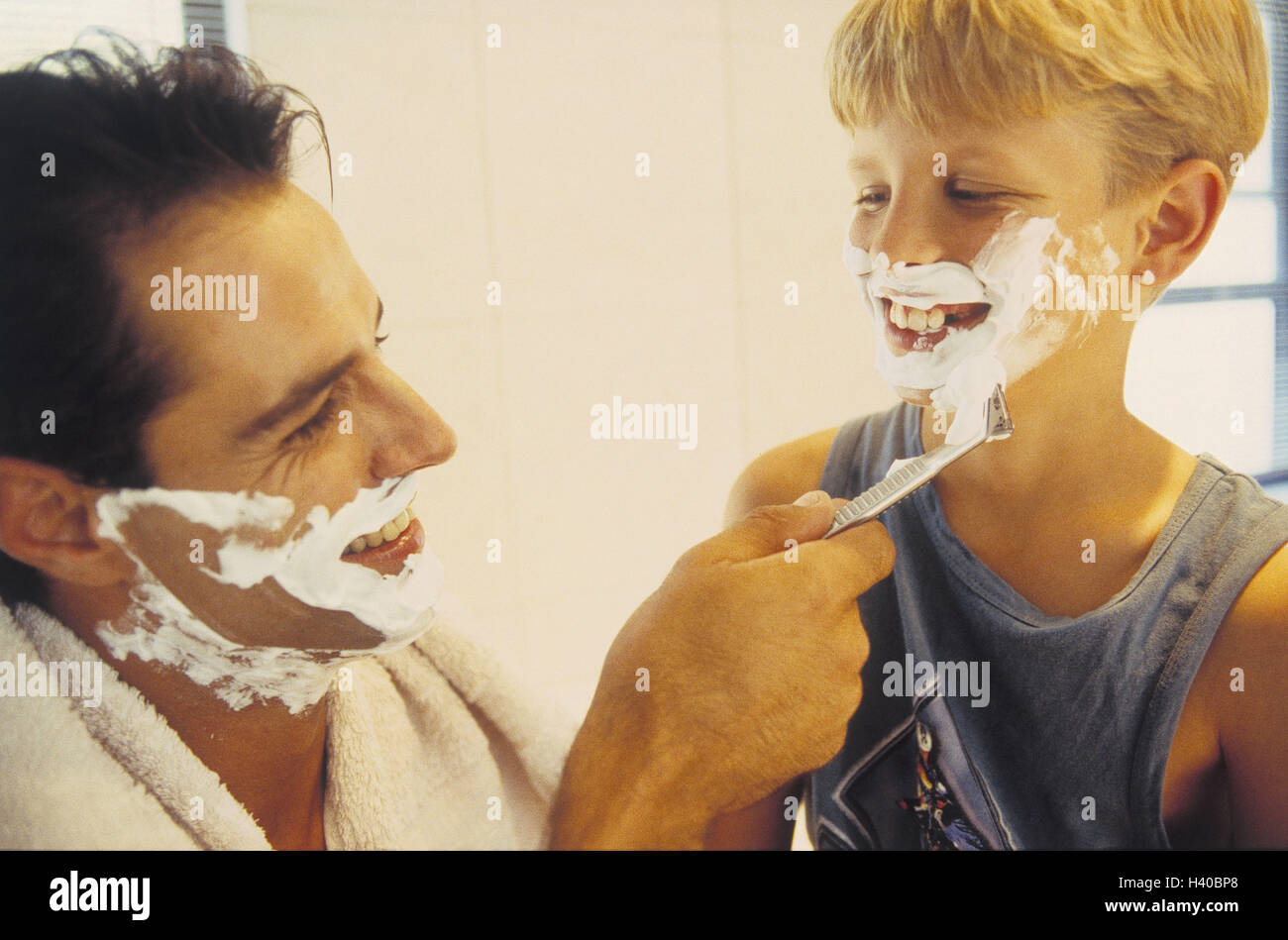 Bathrooms, father, son, wet shave, portrait, man, 30-40 years, parent ...