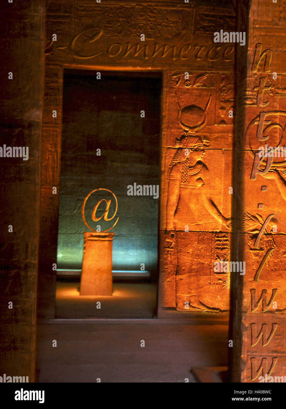 Temple, hieroglyphs, At sign, icon, Internet, cult, computer era, www ...