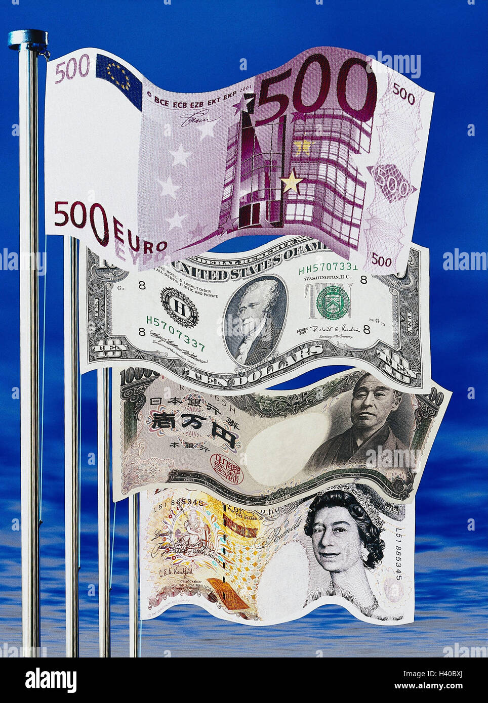 Icon, leading currencies, flags, bank notes, euro, dollar, yen, pound ...