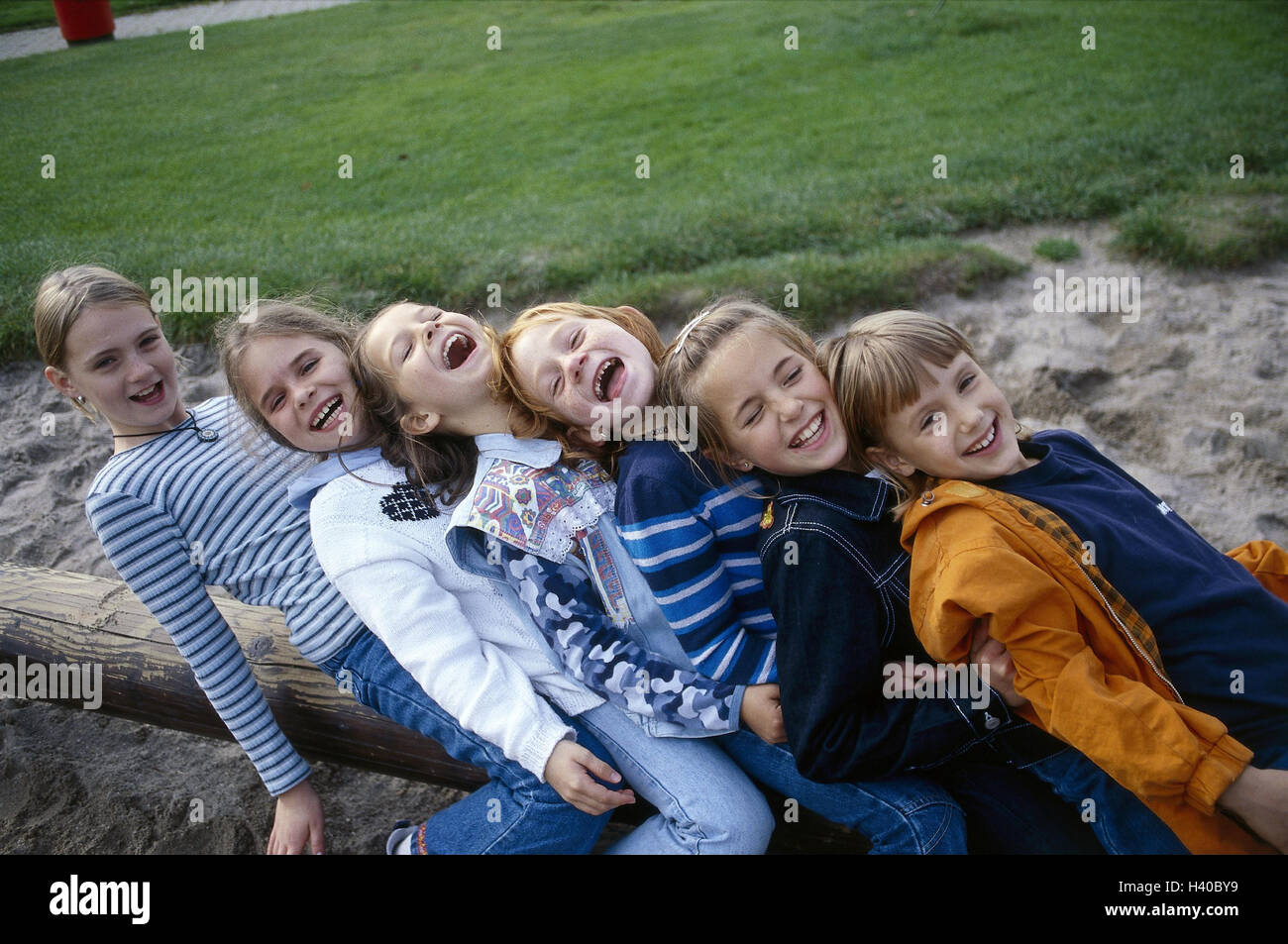 Playground, beam, group, girl, sit, lean back, play happily, outside ...