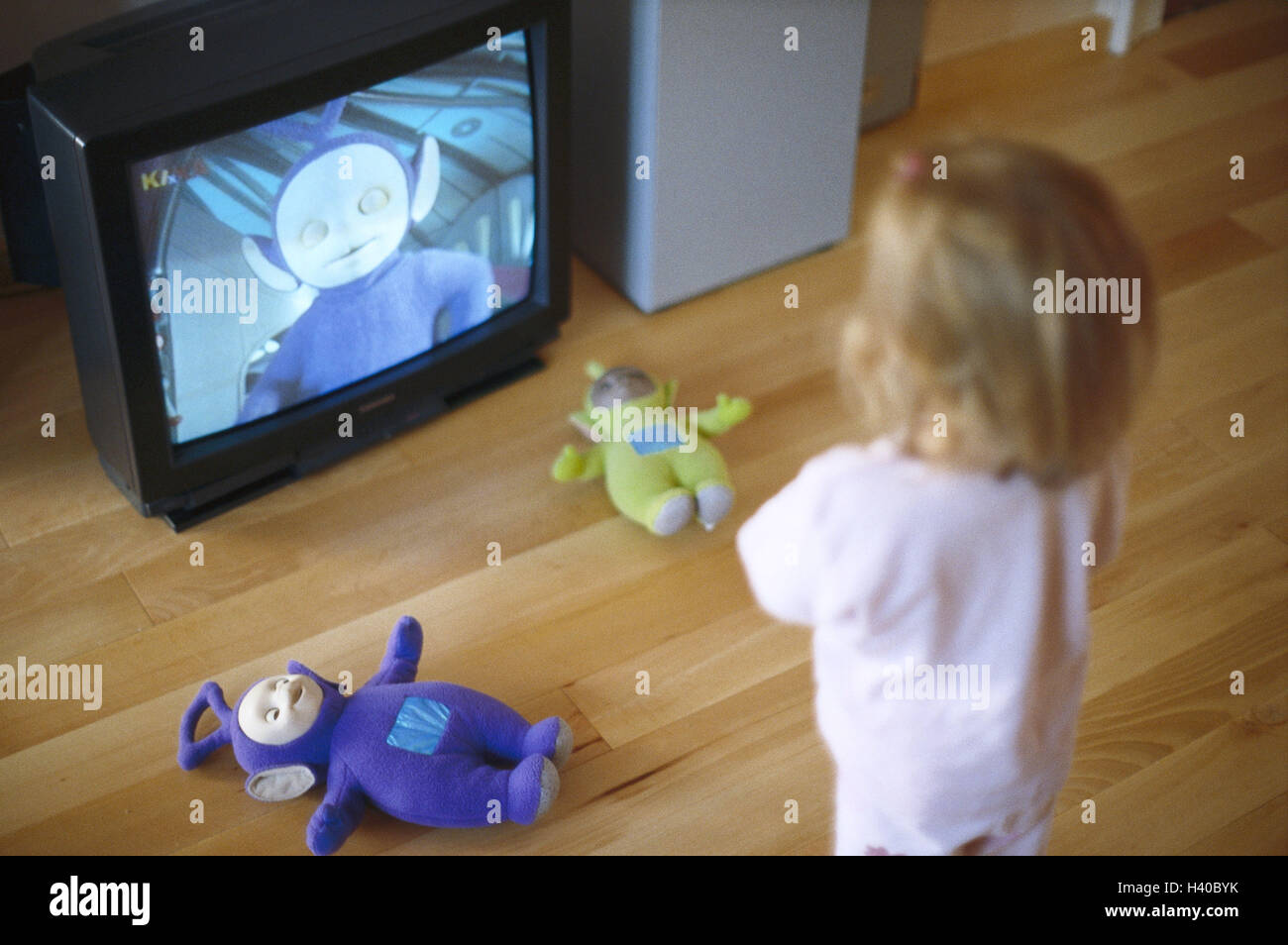 Girls, back view, television, children's programme, Teletubbies ...