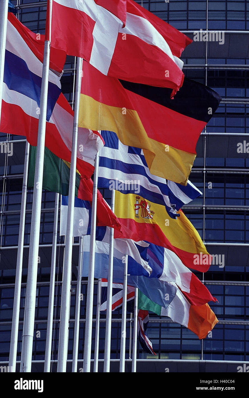France, Strasbourg, European Parliament, detail, flags, outside, flags ...